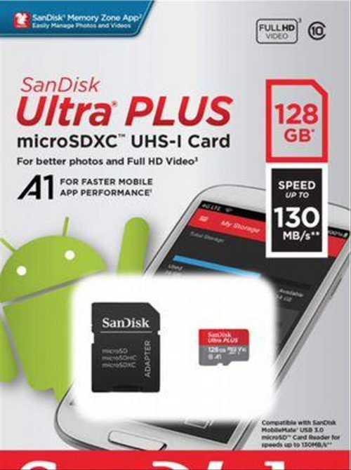 MicroSD SanDisk 128GB для смартфона фото видео