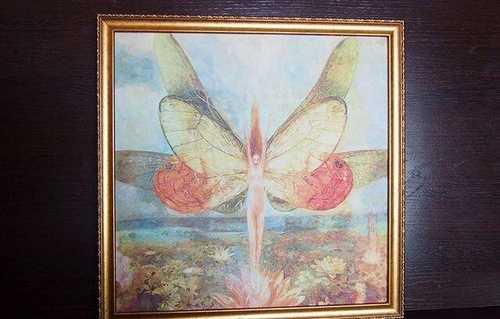 Картина в золотистых тонах, летящая девочка, холст