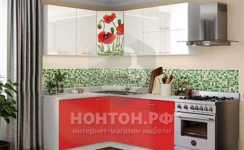 Кухня Маки красные угловая 1.5 на 1.8 м белый глян