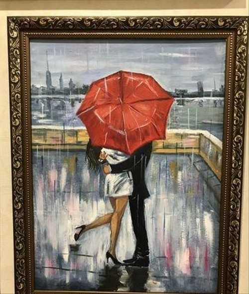 Картина маслом любительская Поцелуй под дождем