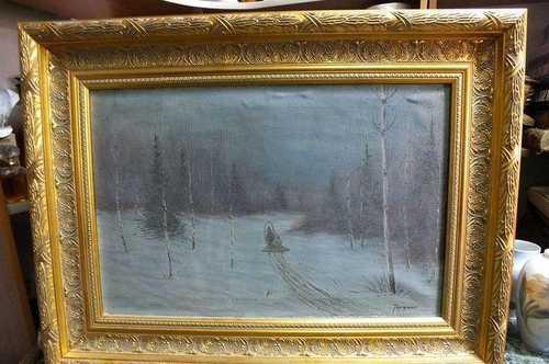 Антикварная картина зимний пейзаж 74х55 см