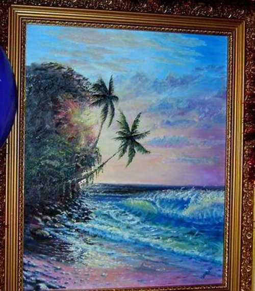 Картина.Море. Пальмы. Волна. Карибы