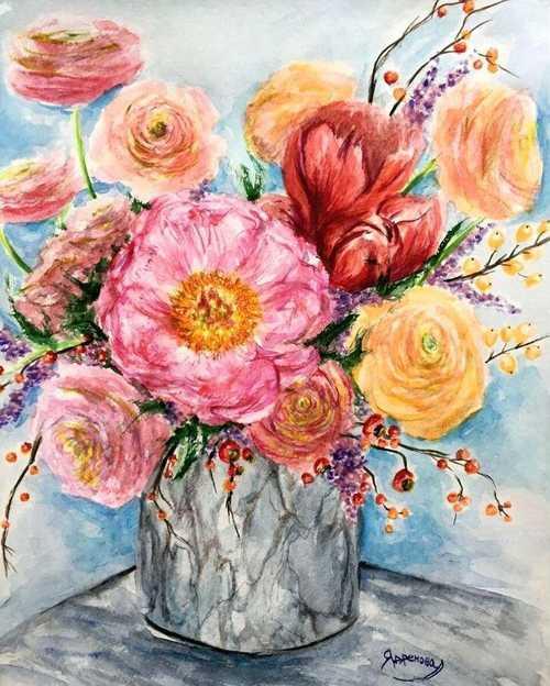 Картина Букет цветов Мечта, Натюрморт, акварель,А3