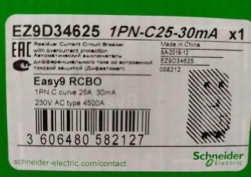 Дифавтомат easy 9 1п+N С 25A 30mA AC 4.5кА Schneid