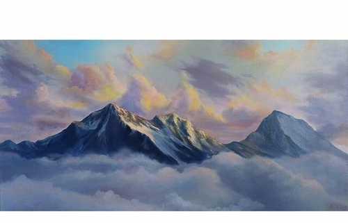 Картина горы "Горы в облаках" Горный пейзаж маслом