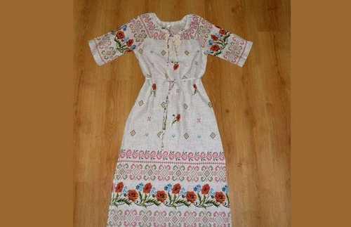 Женское льняное платье в славянском стиле, 44-46