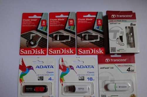 USB-флешки Transcend, A-Data, SanDisk (7шт) новые
