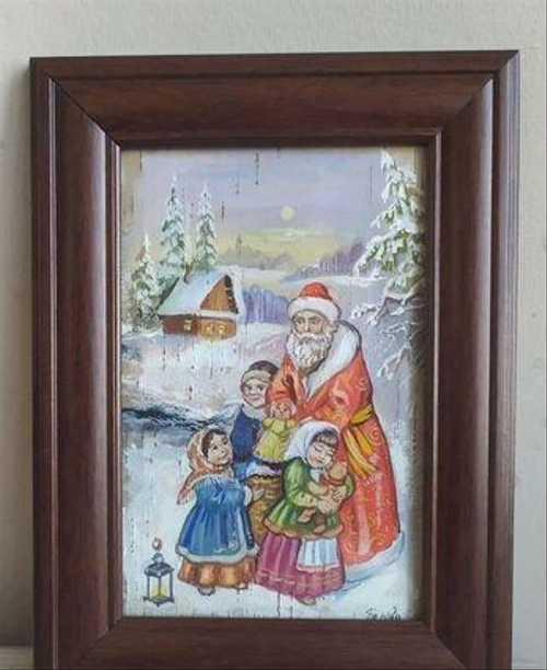 Картина на бересте "Дед Мороз и Снегурочка"