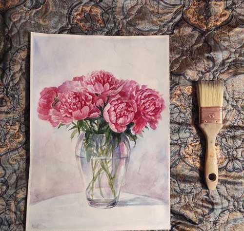 Картина "Розовые пионы в вазе", акварель/бумага