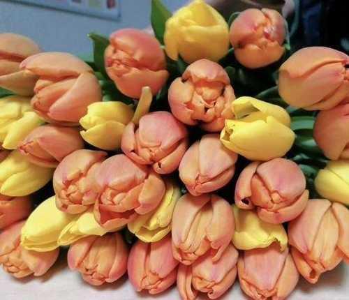 Желты и оранжевые весенние тюльпаны любимым