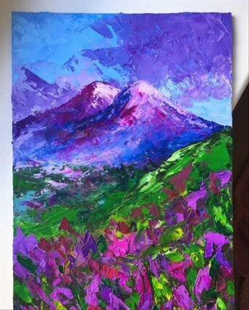 Картина маслом пейзаж цветы горы эльбрус