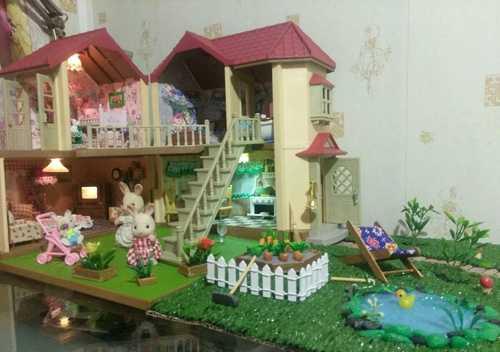 Sylvanian.Дом интерьер,свет,лужайка,пруд