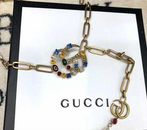 Ремень цепочка Gucci Гуччи gg с цветными камнями