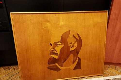 Крупное панно настенное Ленин маркетри шпон дуб