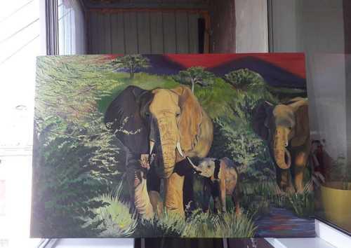 Картина на холсте "Семья слонов на водопое"