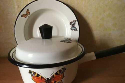 Ковш с крышкой и тарелка «Бабочки»