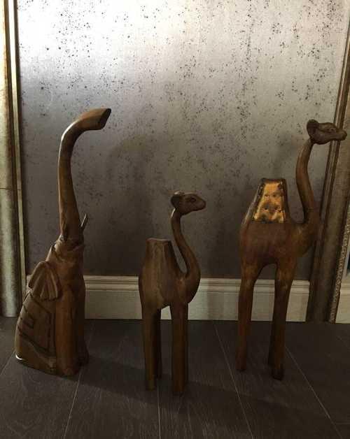 Статуэтки из дерева слон, кошка, верблюд