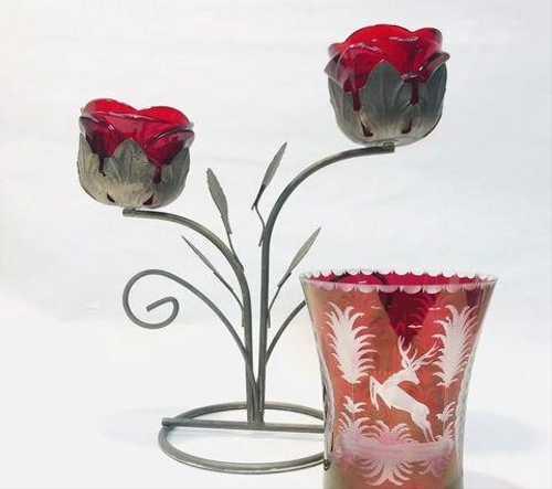 Винтажный подсвечник Розы и ваза рубиновое стекло