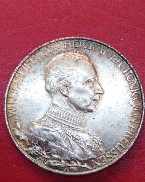 Монета 2 марки 1913 г. Вильгельм II Пруссия серебр