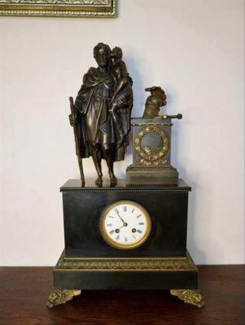Большие старинные часы XIX века, бронза мрамор