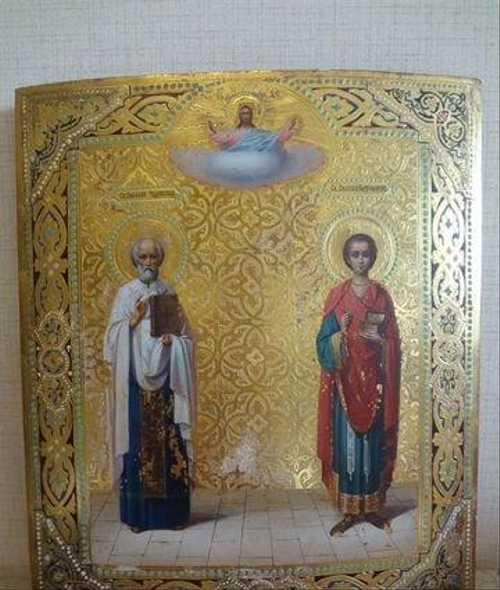 Икона Николай Чудотворец и Св. Пантелеимон. Люкс