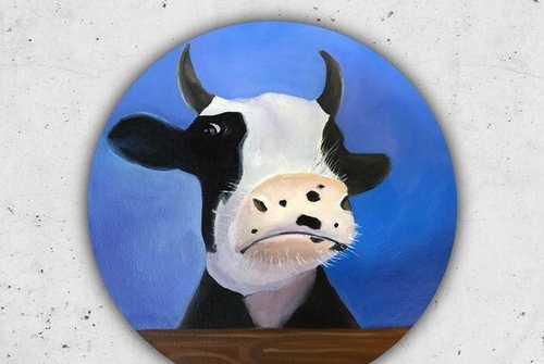 Корова, круглая картина маслом