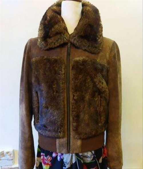 Кожаная женская куртка бомбер с мехом винтаж р. 44