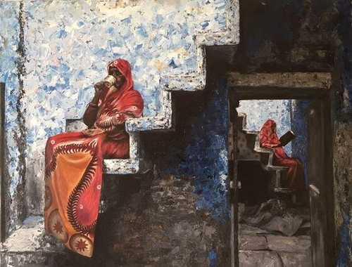 Картина маслом «Жизнь в голубом городе Джодхпур»