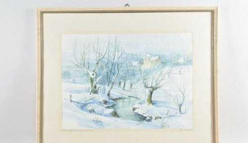 Картина акварель зима пейзаж Германия 1981 багет