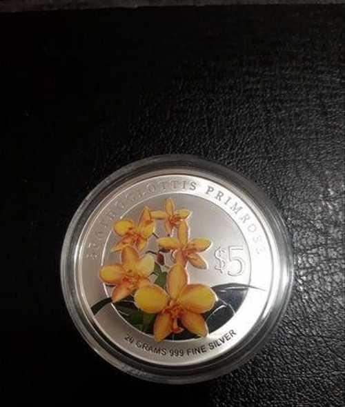 Серебряная монета 5 долларов орхидея