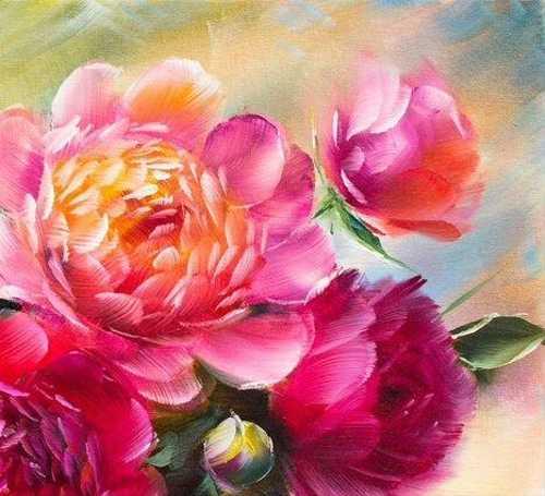 Картина "Розовые и бордовые пионы в саду"