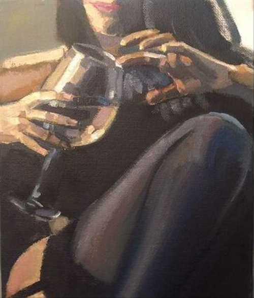 Картина «Женщина с бокалом вина» картон, масло