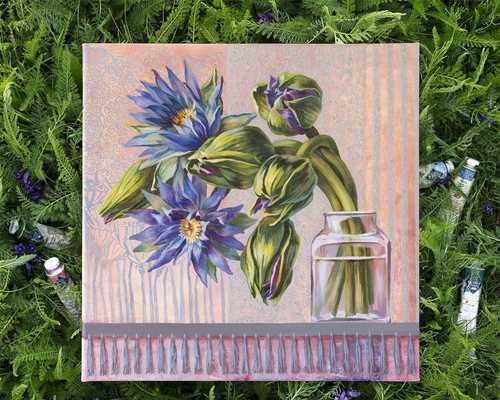 Картина маслом с цветами Синие лотосы холст