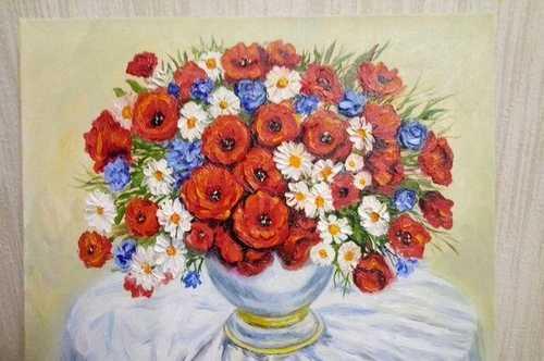 Картина маслом на холсте цветы розы в вазе