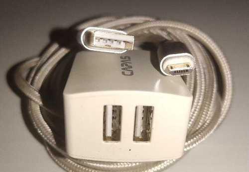 Зарядное устройство на 2 выхода с кабелем microUSB
