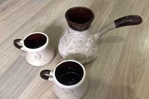 Кофейный чайный сервиз посуда 3 предмета из глины