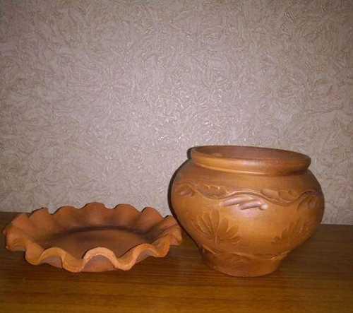 Горшок глиняный с крышкой-тарелкой