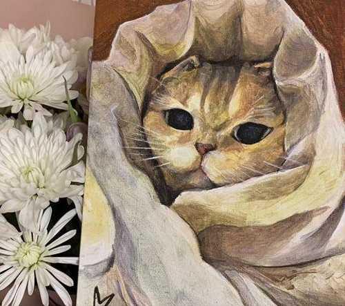 Рисунок котика на холсте, акрил