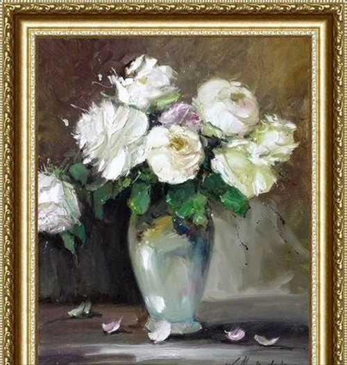 Картина маслом на холсте натюрморт Белые розы