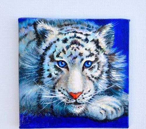 Магнит Тигр мини картина маслом Новогодний сувенир