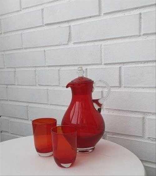 Кувшин и 2 стакана, рубиновое красное стекло,СССР