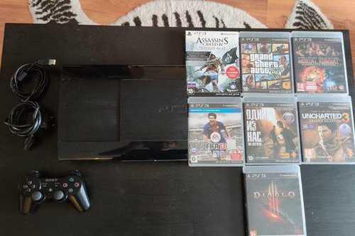 PS3 super slim 500gb + 7 дисков и 32 игры внутри