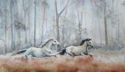 Картина лошади бегут в лесу. Картина кони в поле