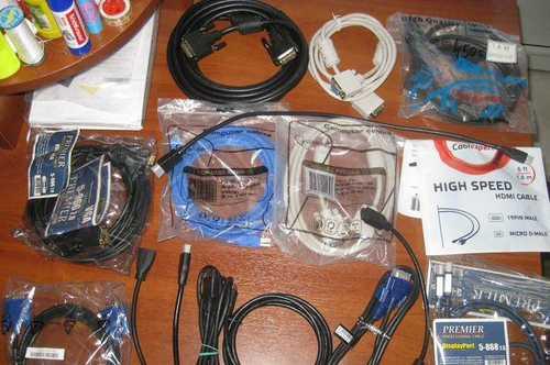 Кабели для пк:DVI, hdmi,VGA, AUX, scart, USB, 220V