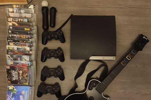 PS3 + ps move + guitar hero + 16 игр + 4 геймпада