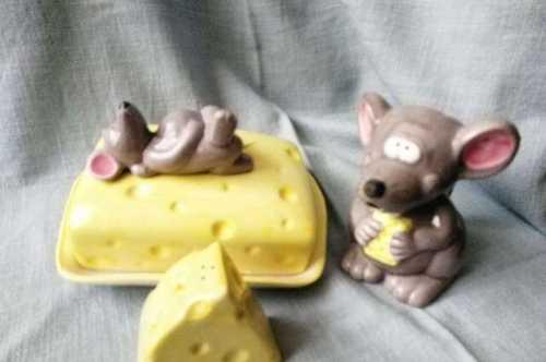 Винтажный набор "Мышь и сыр" : масленка, солонка и