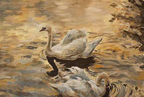 Авторская картина маслом "Лебеди в осеннем пруду"