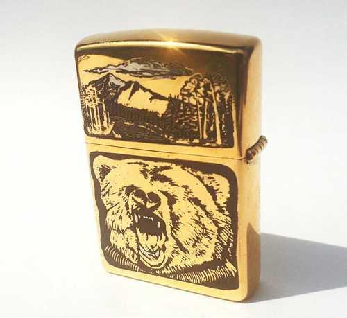 Zippo Медведь позолота. Гравюра волк. Подарок мужч