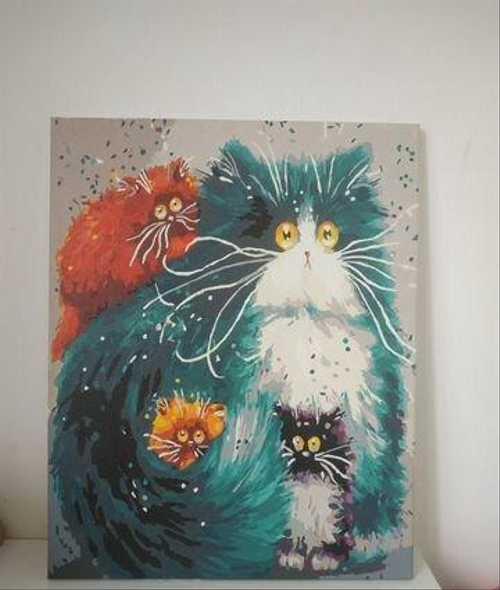 Картина по номерам готовая Кошка с котятами