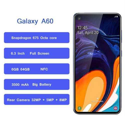 Новый SAMSUNG A60 6+64GB чехол, пленка. Черный